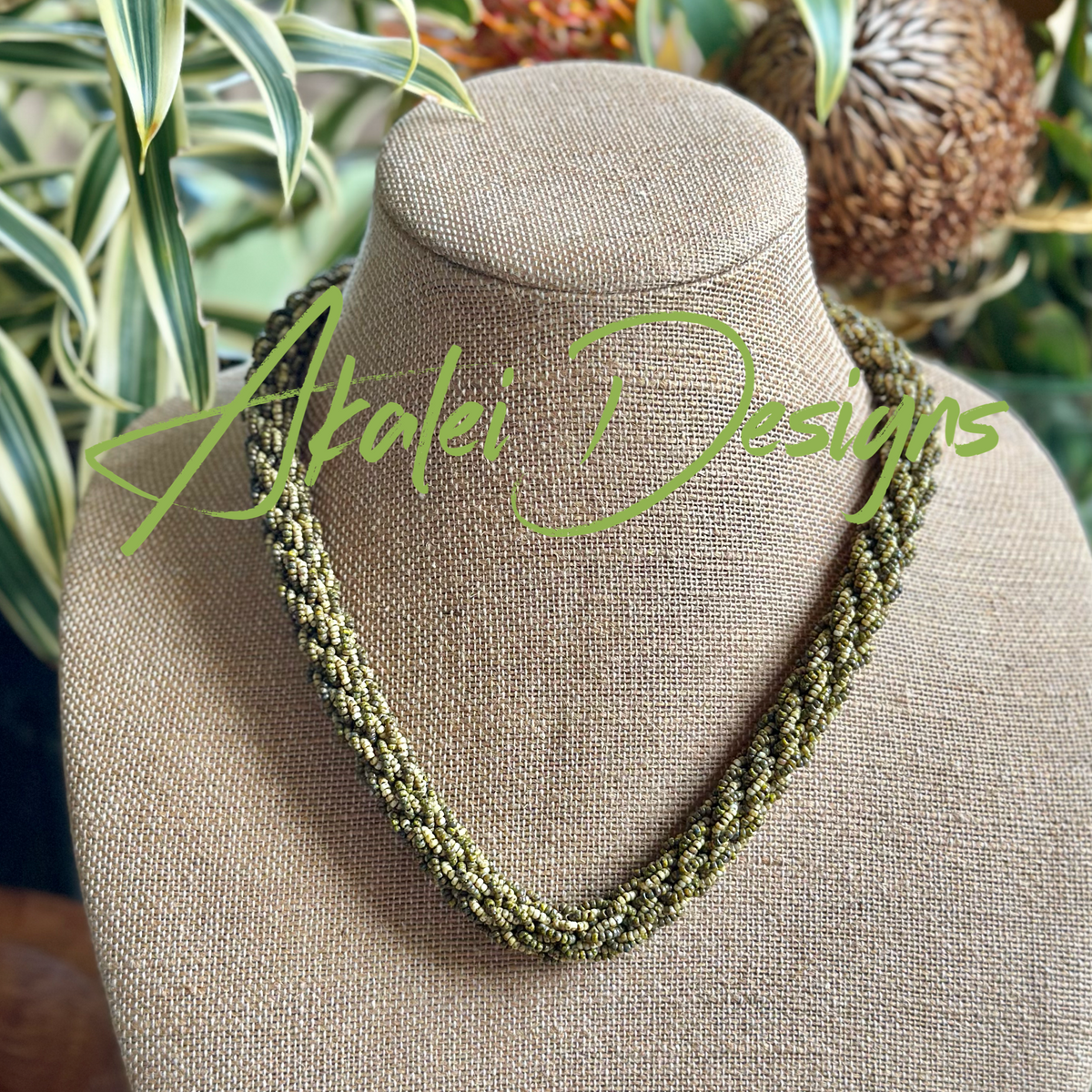 Hawaiian Beaded Necklace Lei Rope- Picasso Finish Blends Green & Yello ...